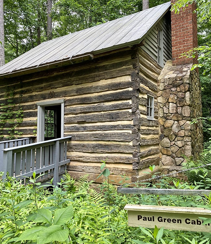 History nestled in greenery. This rustic cabin whispers stories of simpler times when "air conditioning" meant opening another window.