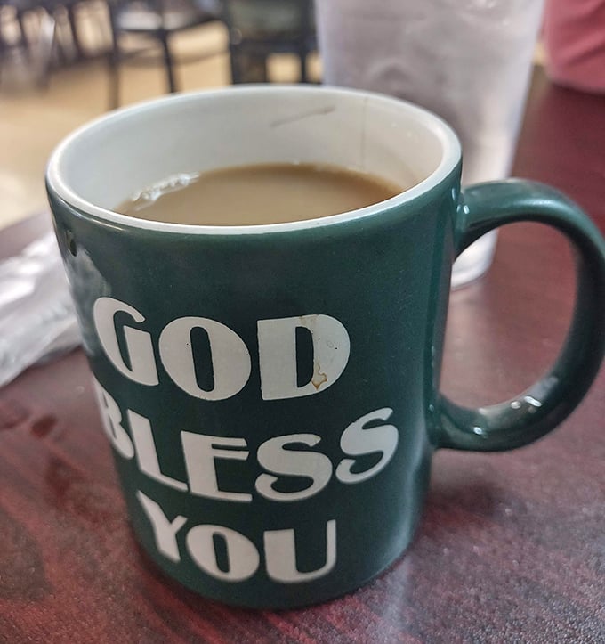 That "God Bless You" mug isn't just holding coffee; it's cradling liquid motivation to face whatever the day brings.