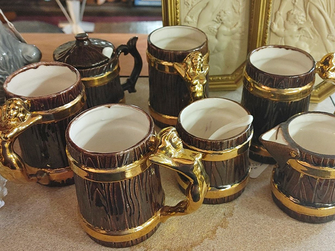 These aren't just mugs&mdash;they're conversation pieces with handles. Each wood-grained vessel with golden accents tells the story of a 1970s dinner party.