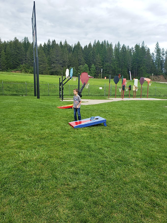Cornhole boards await their next competitors, proving that throwing bags at holes never loses its simple, addictive charm.