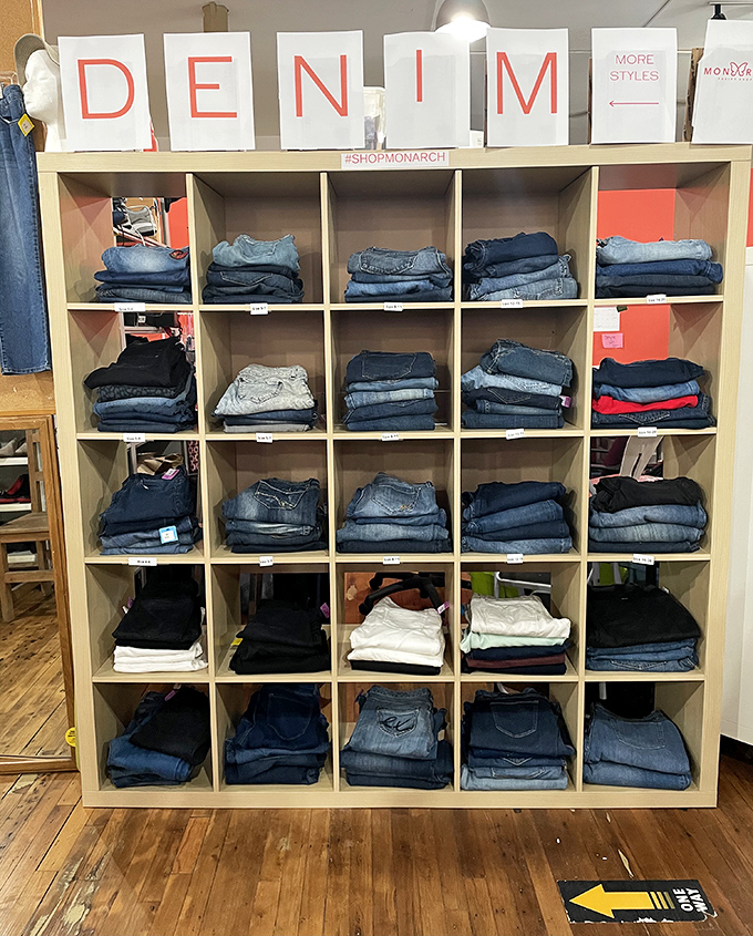 The denim display&mdash;organized with a precision that would make Marie Kondo drop her jaw&mdash;proves second-hand shopping can spark serious joy.