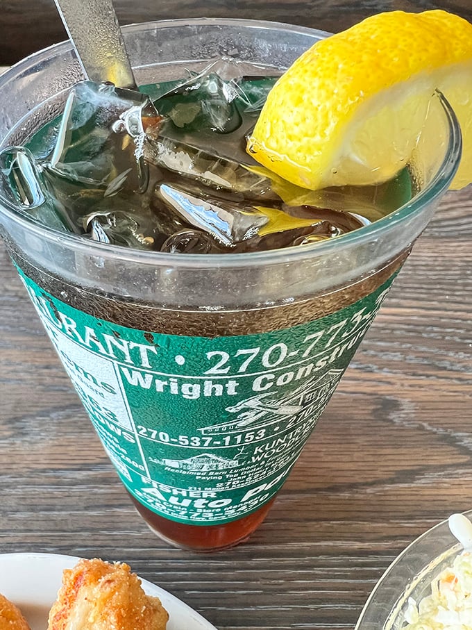 Sweet tea served in a glass that tells stories of local businesses &ndash; the unofficial beverage of serious Southern meals everywhere.