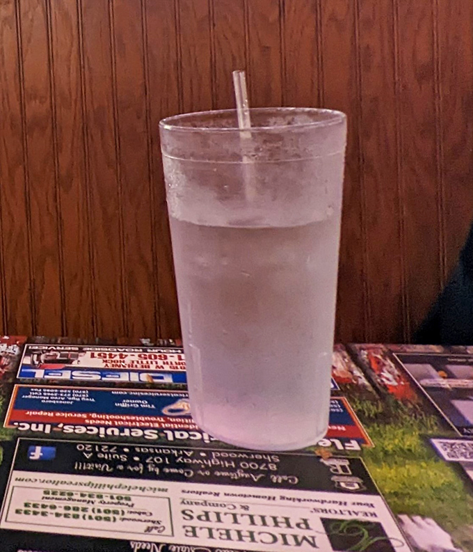 Ice-cold refreshment awaits between buffet trips. In the marathon of eating that is Barnhill's, proper hydration is key to victory.