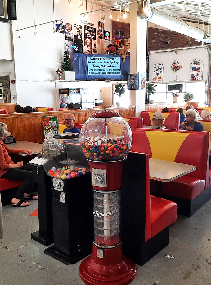 The food court offers refueling stations complete with nostalgic gumball machines for added charm.