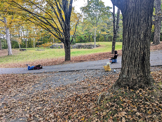 Two visitors finding their zen moment among autumn leaves. In a world of constant notifications, this is the ultimate "do not disturb" setting.