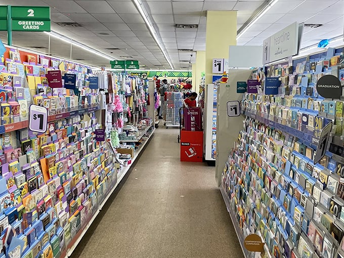 Two walls of greeting cards mean you'll never have an excuse for forgetting someone's birthday or graduation again, ever.