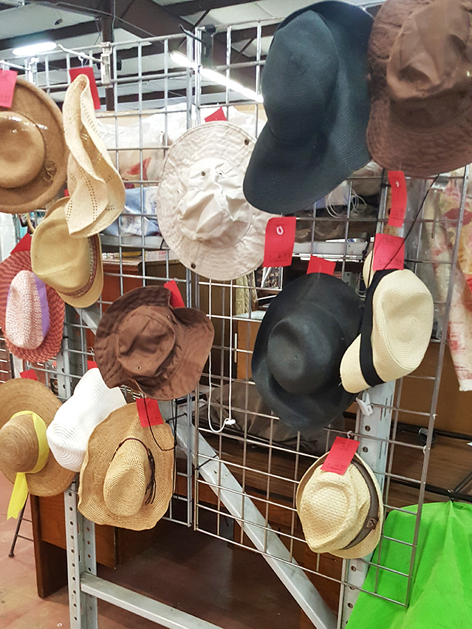 The hat wall: where cowboy dreams meet fishing aspirations, and everyone can try on a new personality for less than lunch at a chain restaurant.