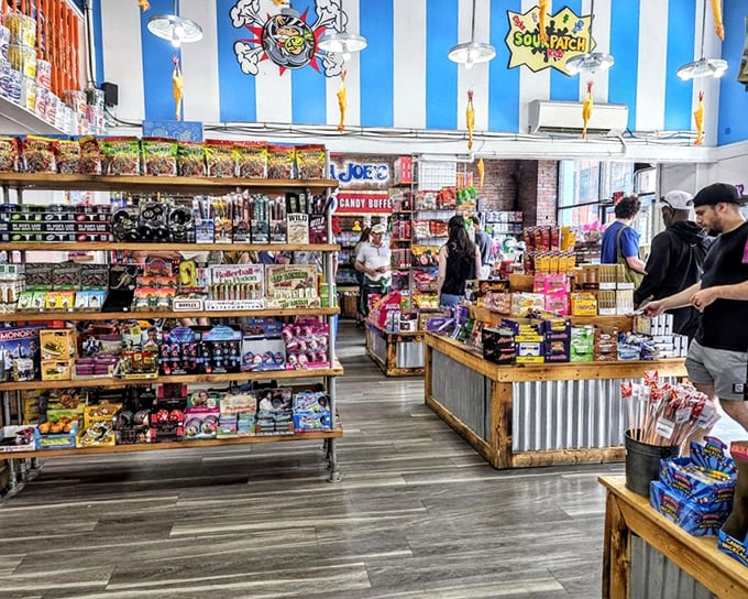 Wooden shelves packed with colorful treats create candy neighborhoods where every aisle feels like the best block in town.