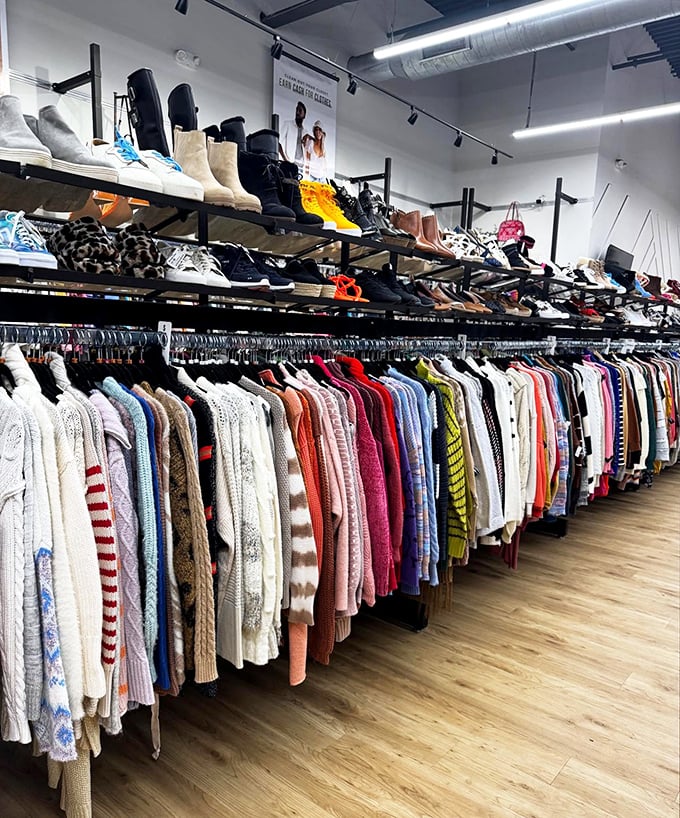 Sweater weather paradise where cozy knits line up like soldiers ready to battle Pennsylvania's notorious cold snaps.