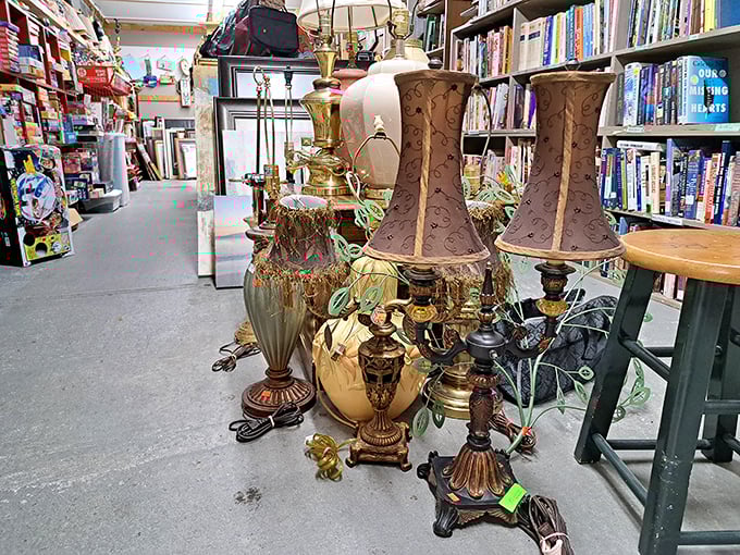 A gathering of lamps that seem to be having their own elegant cocktail party, waiting for someone to take them home and turn them on.