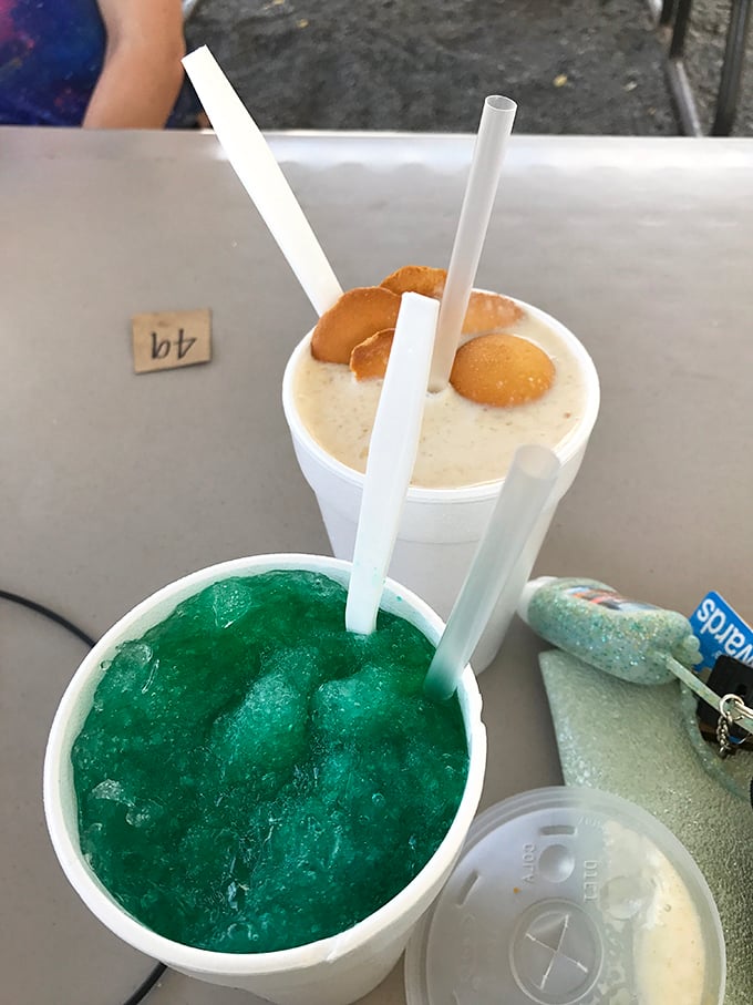 A study in contrasts&mdash;creamy vanilla shake meets electric blue slushie. One soothes while the other shocks, both delivering brain freeze with different personalities.