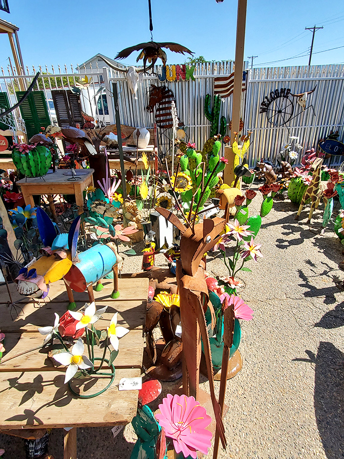 The outdoor garden section blooms with metal flowers that never need watering&mdash;desert-perfect art that captures New Mexico's colorful spirit.