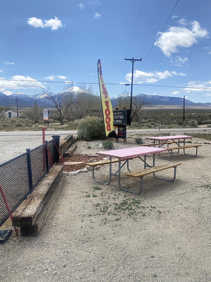 Al fresco dining with a view that stretches to forever. These picnic tables offer front-row seats to Nevada's magnificent desolation.