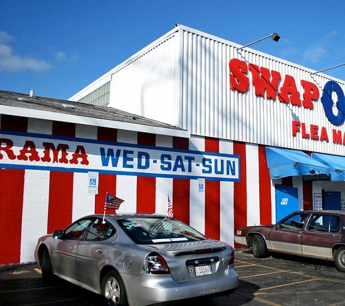 The patriotic exterior welcomes shoppers like a star-spangled banner of bargains. Even your car looks excited to be here.