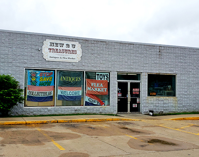 Clean lines and clear signage make New 2 U Treasures instantly recognizable. The "Stop, Save Now" banner isn't just marketing&mdash;it's a legitimate public service announcement.