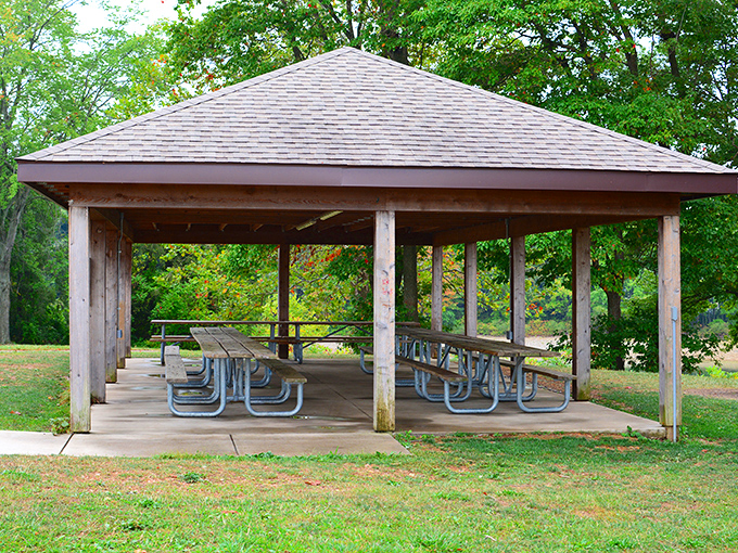 The pavilion stands ready for memory-making – where potato salad tastes better and family stories grow taller with each telling.
