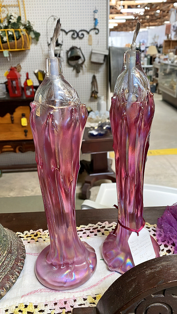 These iridescent pink glass vessels look like they were plucked from a 1920s speakeasy or Downton Abbey's forgotten storage room.