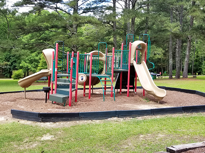 Childhood joy in primary colors. This playground has launched thousands of "five more minutes" negotiations between parents and enthusiastic kids.