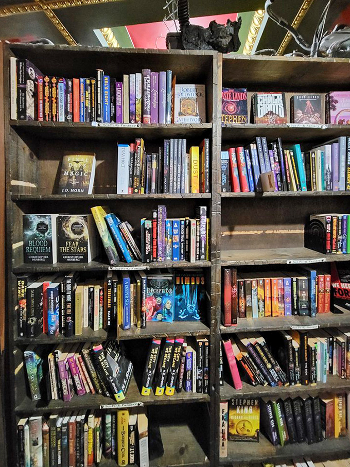 Fantasy and sci-fi shelves where Stephen King neighbors with magical realms. Escape reality one spine-tingling page at a time.