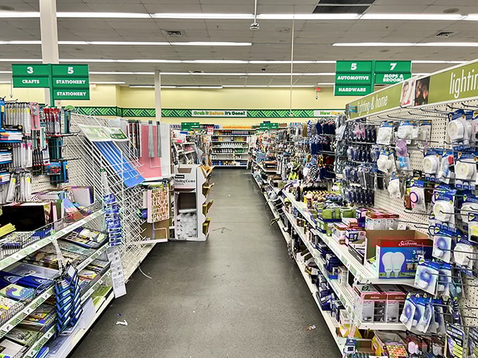 Aisle signs guide you through this bargain labyrinth where crafting supplies meet stationery essentials&mdash;the savior of many a last-minute school project.