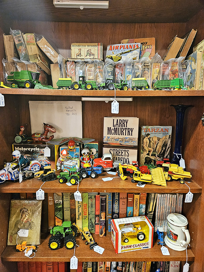 Childhood memories lined up and ready for adoption. Those John Deere tractors have been waiting patiently for their next adventure.