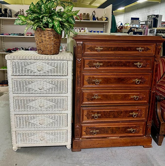 Tale of two dressers: one whitewashed for coastal charm, one rich mahogany for traditional elegance. Both ready to guard your sartorial secrets.
