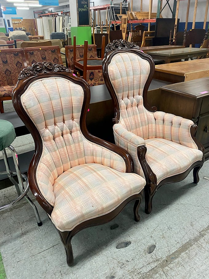 Victorian-inspired chairs with delicate carved details and pastel upholstery&mdash;perfect for those "Bridgerton" fantasy tea parties you've been planning.