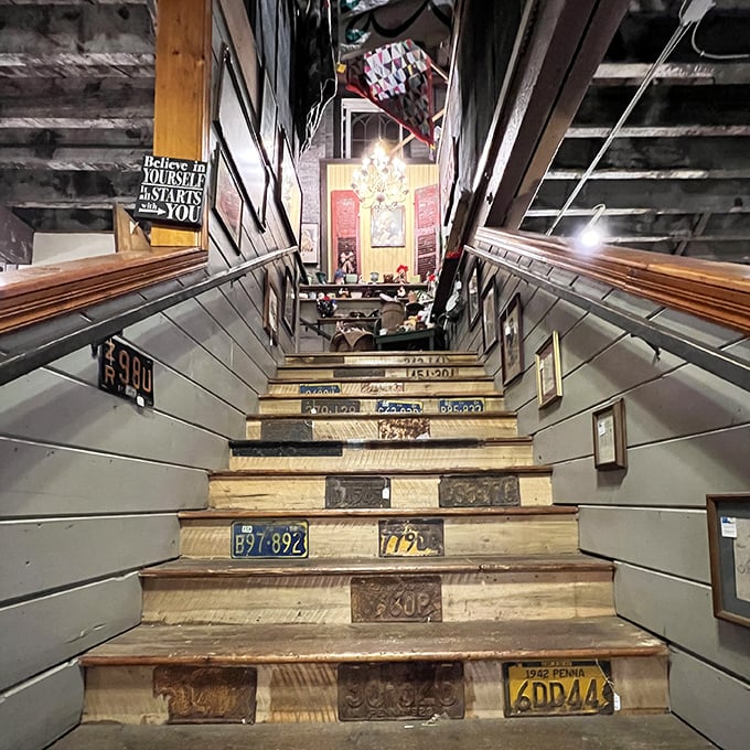 These stairs aren't just steps &ndash; they're a gallery of vintage license plates and a journey upward into even more treasure-hunting territory.