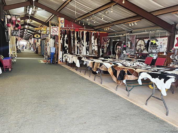 Cowhide country! Fredericksburg's covered market hall showcases authentic Texas style with hides that would cost a fortune at fancy design stores.