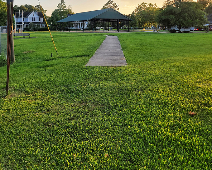 Jeanerette's community park offers a peaceful pavilion and lush green space for residents to gather and relax.