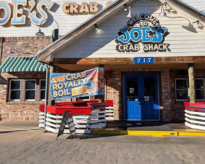 Joe's Crab Shack's bright blue door is the gateway to seafood paradise on Branson Landing.