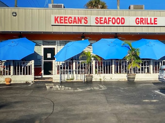 Keegan's bright blue umbrellas offer shade for what truly matters - focusing entirely on that perfect grouper sandwich.