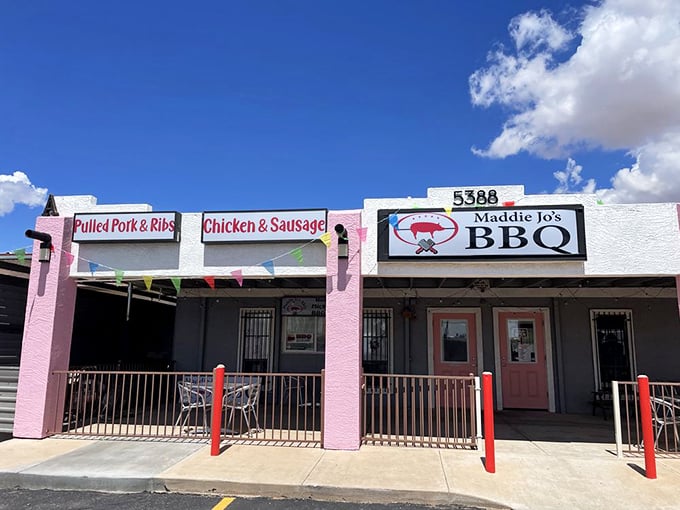 Pink and proud! This cheerful facade houses serious BBQ business in San Tan Valley.