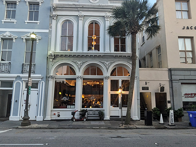 Oak Steakhouse's historic facade brings Charleston's architectural beauty to your dining experience. Columns outside, carnivore heaven inside.