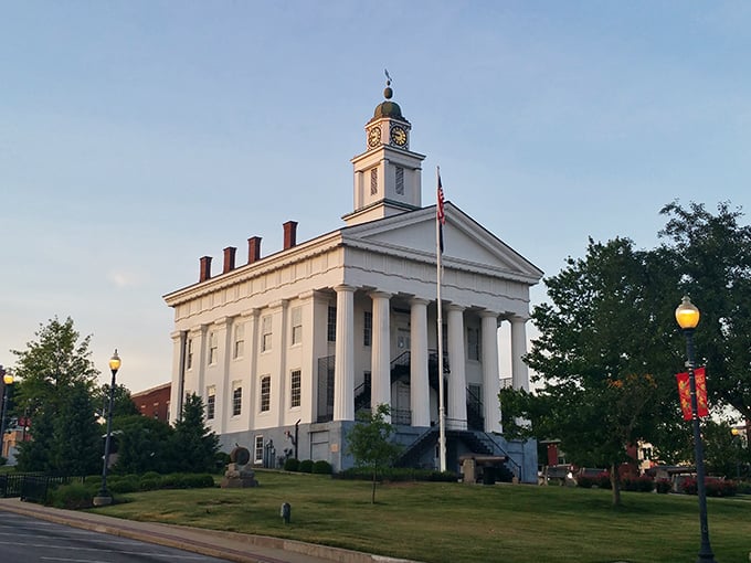 Paoli's courthouse commands attention with its classical columns and pristine white facade, a small-town architectural masterpiece.