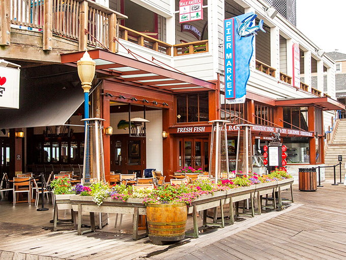 Pier Market's wooden deck feels like San Francisco's front porch. A welcoming spot where seafood stories and ocean breezes mingle freely.