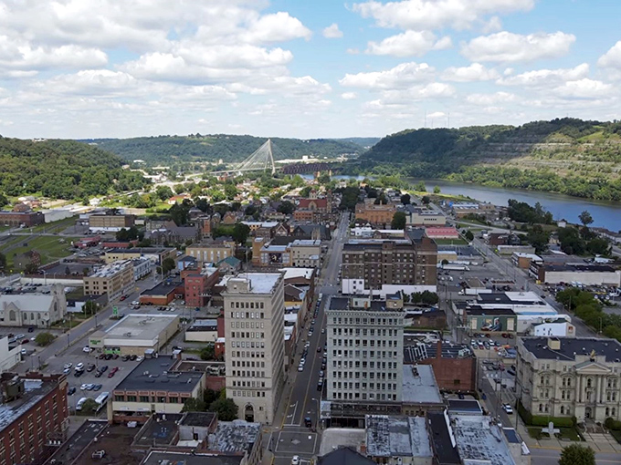Steubenville's hillside location provides dramatic views, with historic buildings cascading down toward the Ohio River below.