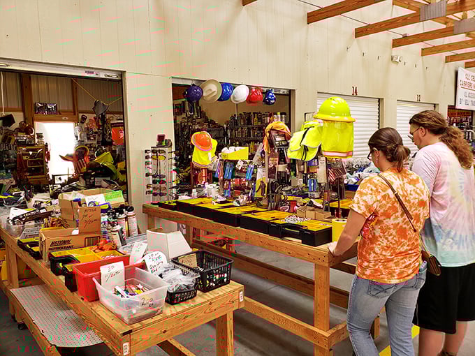 Tools, toys, and everything between! Webb Road Flea Market's bright interior showcases an eclectic mix that appeals to practical shoppers and collectors alike.