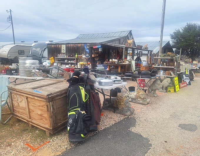 Rustic treasure hunter's paradise! This Fredericksburg outdoor vendor displays everything from vintage trunks to garden statues with genuine Texas patina.