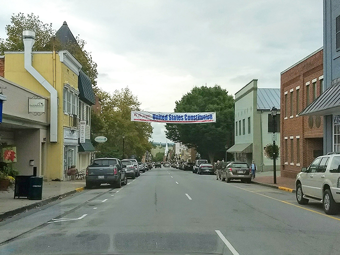 Historic Main Street in Lexington showcases colorful buildings and small-town charm beneath the "United States Constitution" banner.