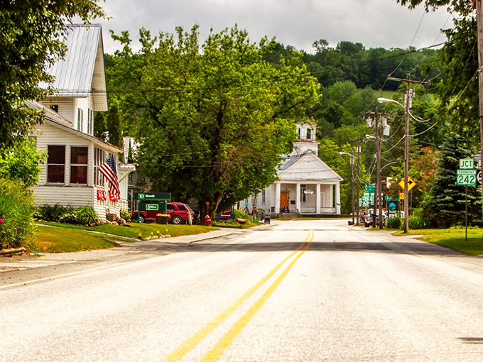 A quintessential Vermont village scene in Montgomery, where the white church steeple watches over a main street straight from a postcard.