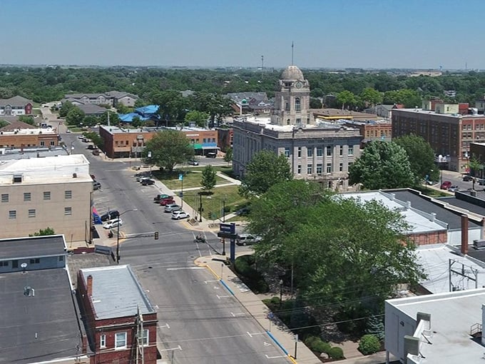 From above, Newton's courthouse square anchors the town like a compass rose, orienting life in this affordable Iowa gem.