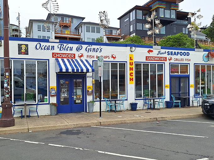 Those turquoise chairs aren't just for sitting—they're front-row seats to Newport's seafood symphony.