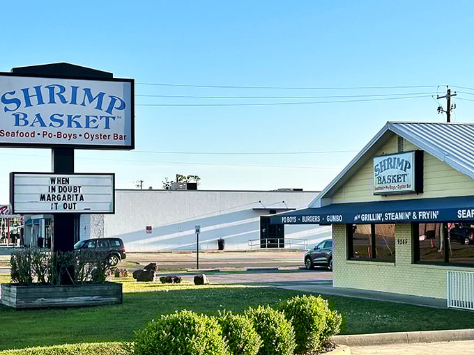 That playful sign says everything about the Shrimp Basket's philosophy—serious about seafood, but never too serious about life.