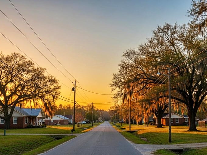 Sunset bathes Springhill's residential streets in golden light, turning ordinary homes into extraordinary havens of peace.