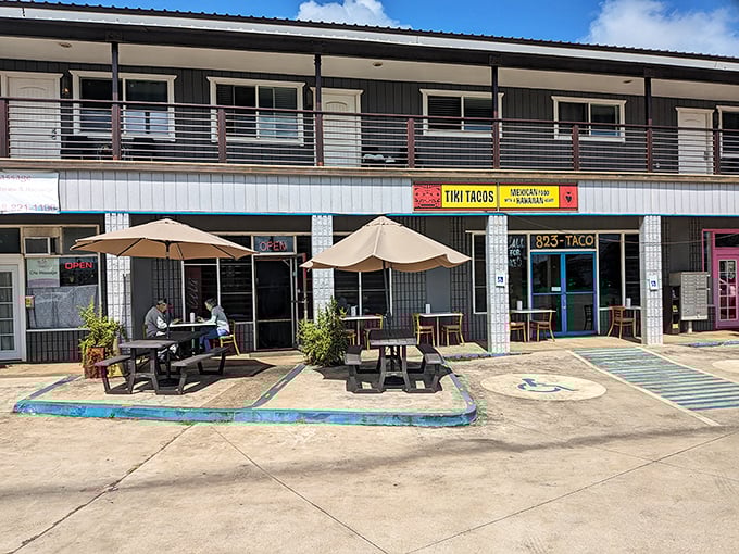 Those outdoor tables aren't fancy, but they're the perfect spot to experience the magic that happens when tacos go on island vacation.