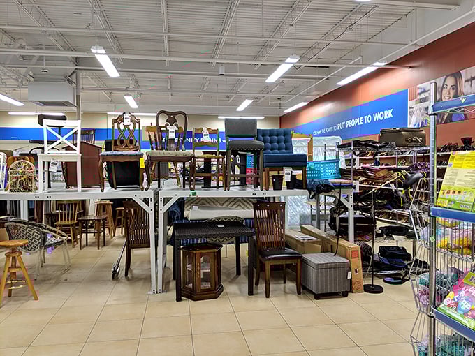 The furniture section: where Danish modern meets American practical, and your dream reading nook is just thirty bucks away.