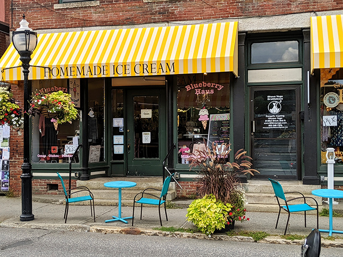 Blueberry Haus's cheerful yellow awning signals frozen happiness ahead&mdash;the kind of ice cream shop where "just one scoop" becomes a laughable concept.