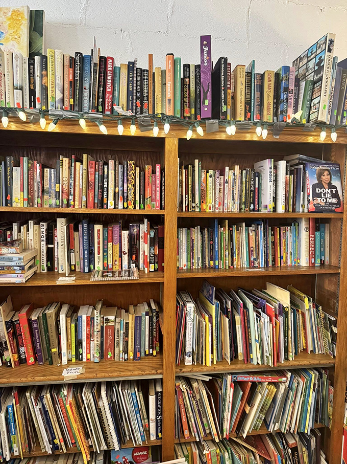 A bibliophile's dream come true. These shelves hold worlds waiting to be explored for less than the price of a fancy coffee.