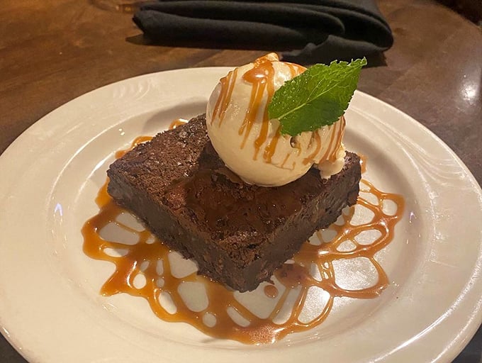 A brownie that doesn't know it's not in Manhattan, dressed up with vanilla ice cream and caramel that creates a dessert worth saving room for.